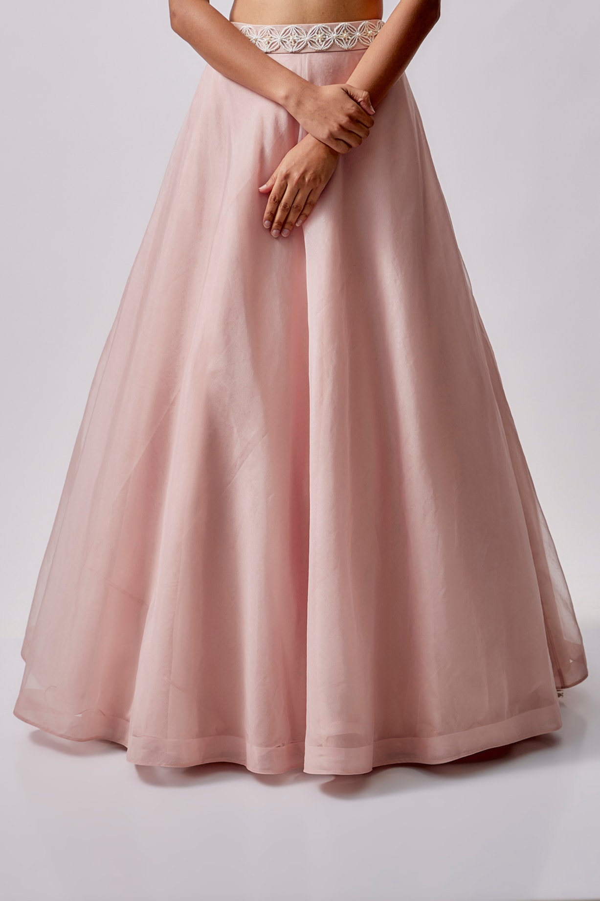 Blush Pink Net Embroidered Jacket Lehenga Set Design by Shlok Design at ...