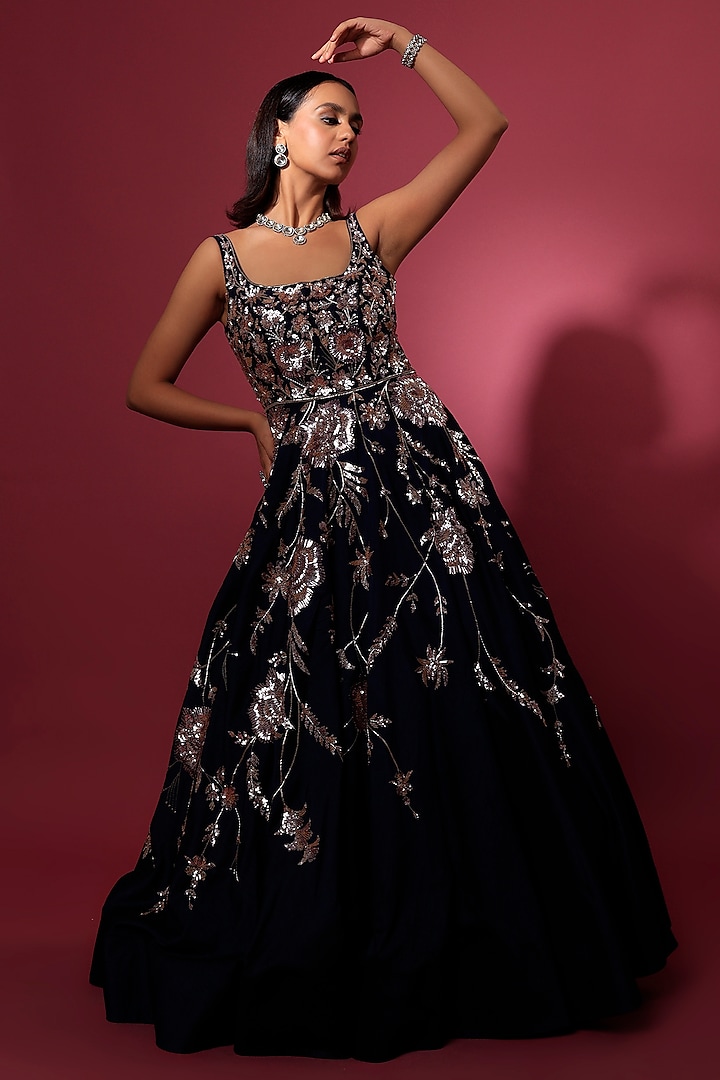 Navy Blue Embroidered Gown by Shlok Design at Pernia's Pop Up Shop 2024