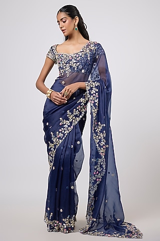 Blue Organza Zardosi Embroidered Cutwork Reception Saree Set by Shlok ...
