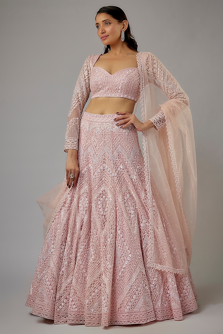 Pink Net Cutdana & Sequins Hand Embroidered Geometric Kalidar Bridal ...