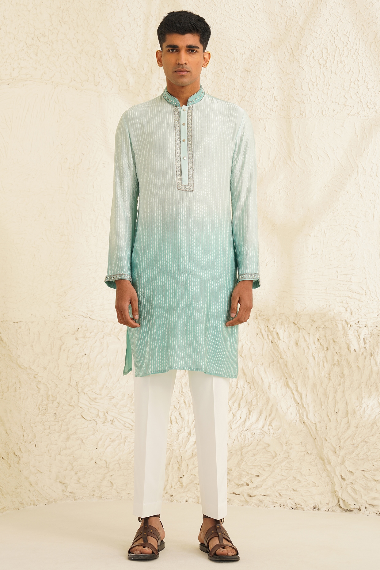 Cyan Ombre Chanderi Silk Hand Embroidered Kurta Set by Shreyansh ...