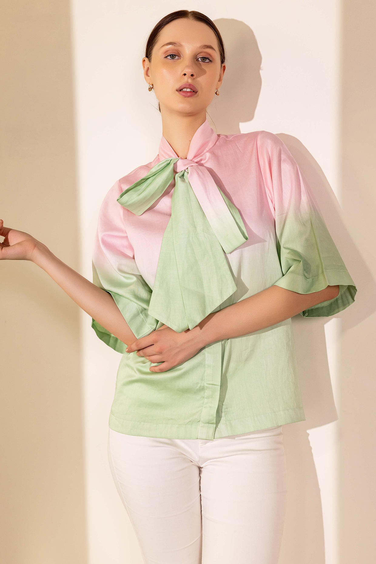 Patel Pink & Jade Green Cotton Satin Tie-Dye Shirt by SHIMONA at Pernia ...