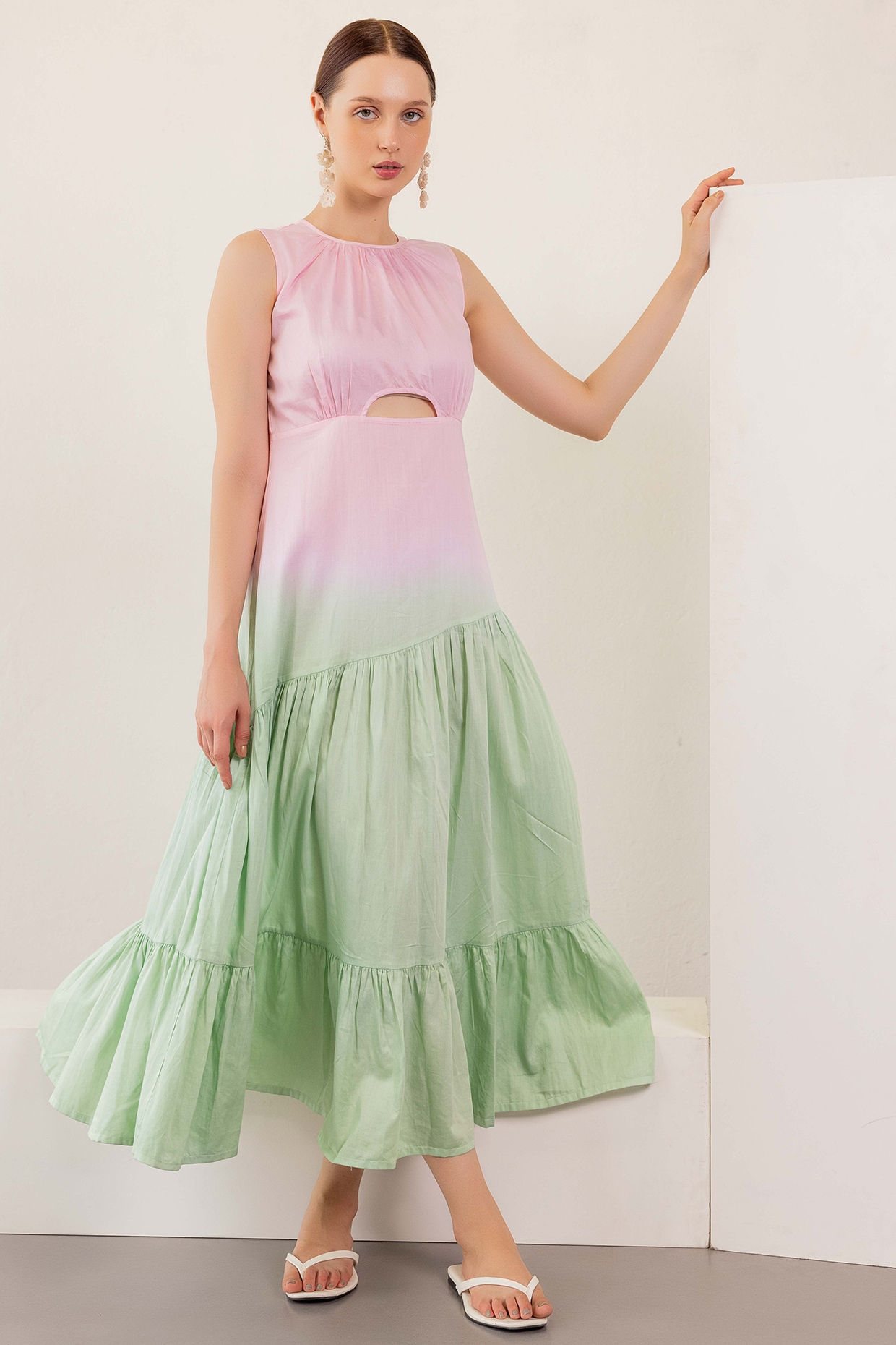 Patel Pink & Jade Green Cotton Satin Tie-Dye Dress by SHIMONA at Pernia ...