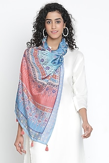 Blue Silk Abstract & Motif Border Printed Stole by Shingora at Pernia's ...