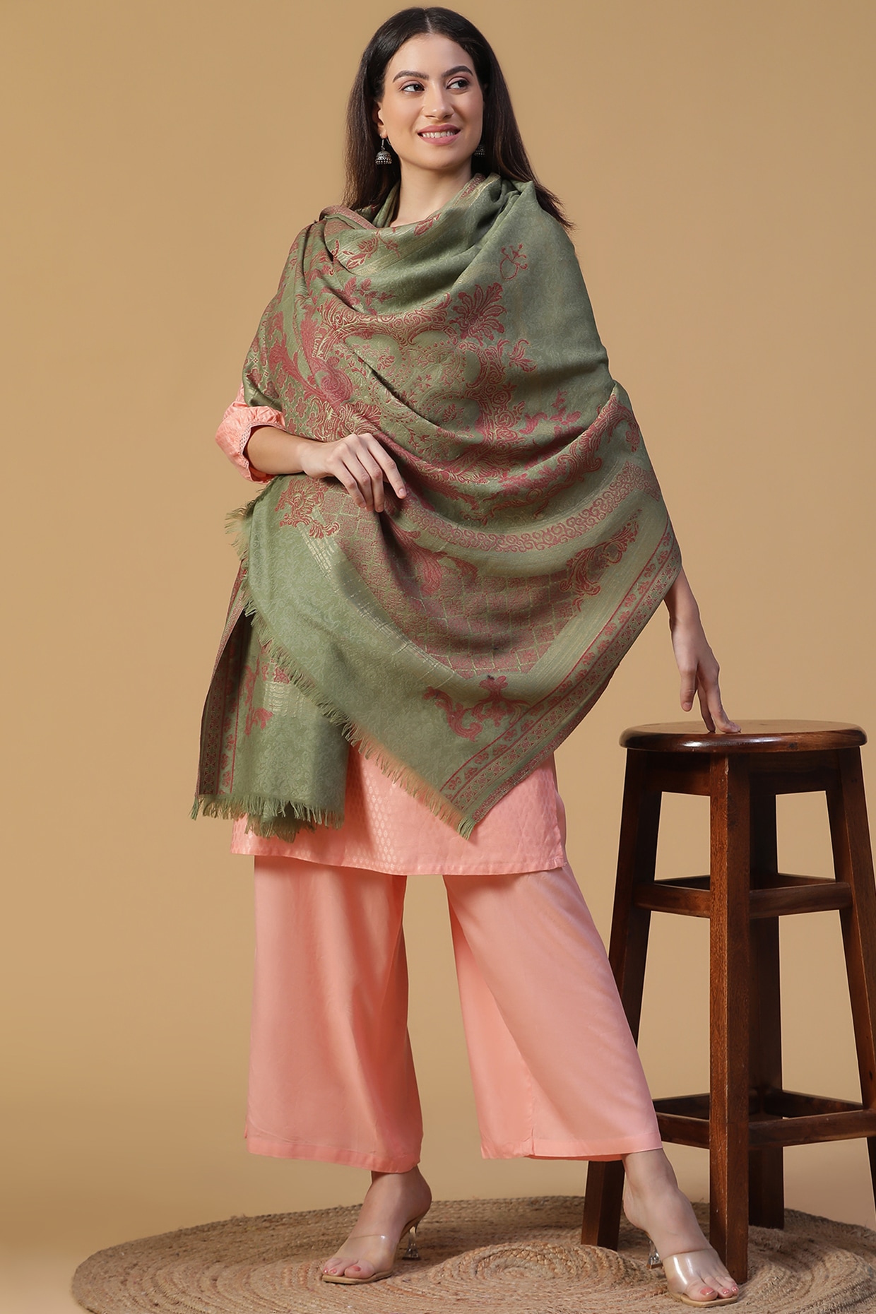 Green Wool Metallic Jacquard Shawl by Shingora at Pernia's Pop Up Shop 2025
