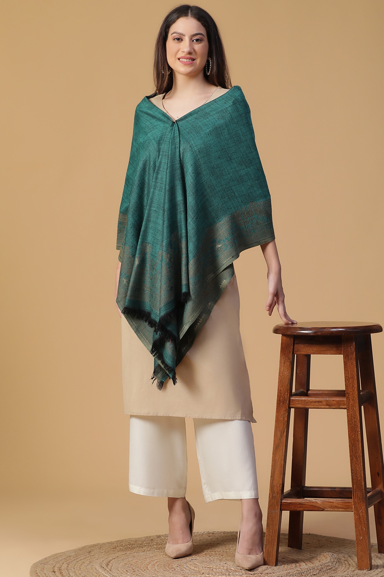 Green Pure Wool Jacquard Shawl by Shingora at Pernia's Pop Up Shop 2025