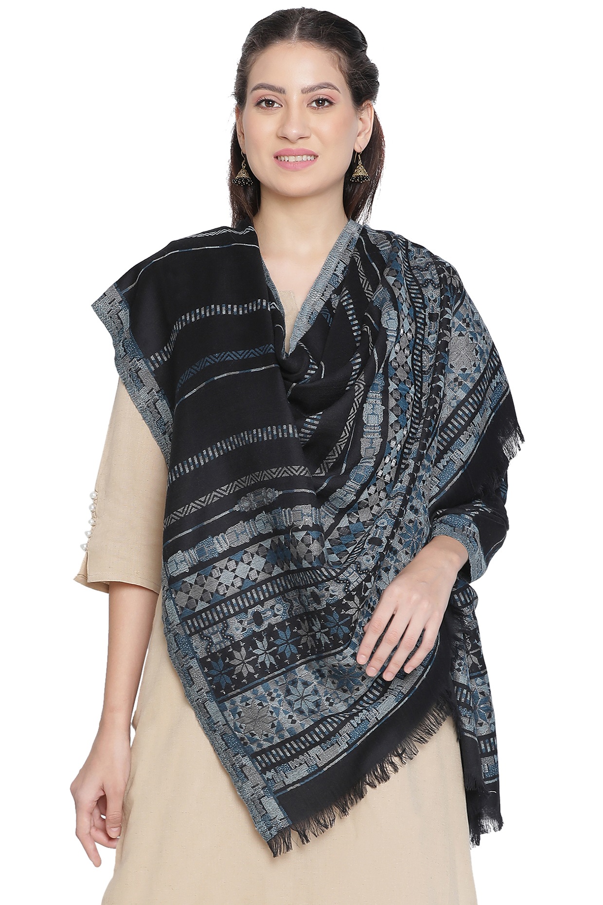 Black Wool Jacquard Shawl by Shingora at Pernia's Pop Up Shop 2025