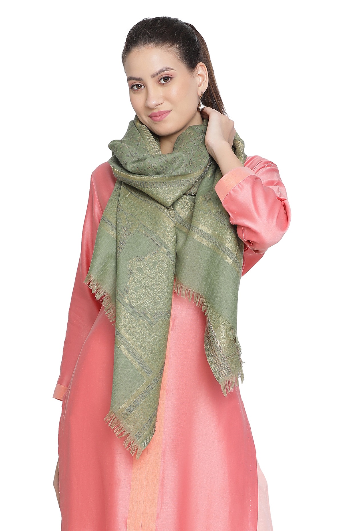 Green Metallic Wool Jacquard Stole by Shingora at Pernia's Pop Up Shop 2025