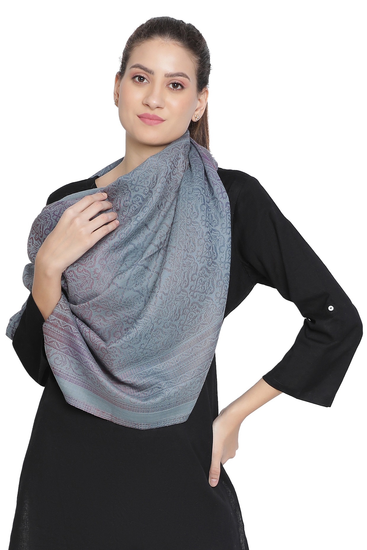 Blue Metallic Wool Jacquard Stole by Shingora at Pernia's Pop Up Shop 2025