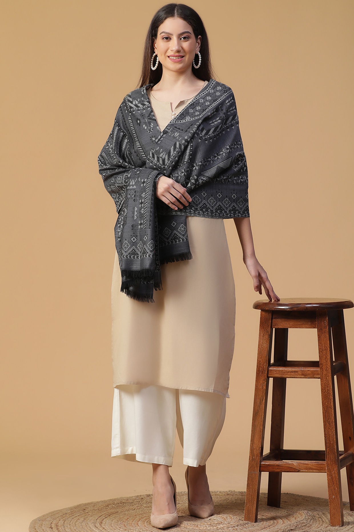 Grey Wool Jacquard Shawl by Shingora at Pernia's Pop Up Shop 2025