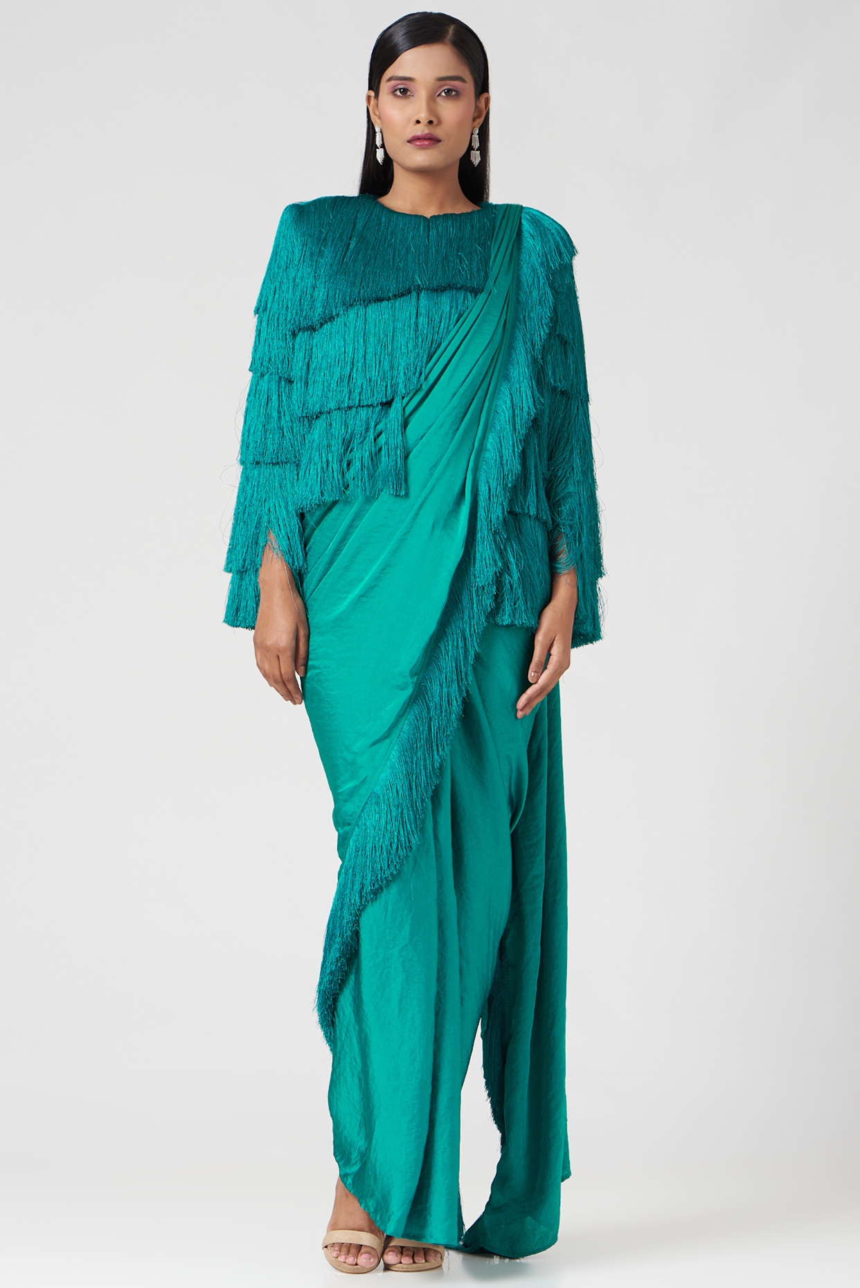 Emerald Fringe Pre-Draped Saree Set by 431-88 By Shweta Kapur at Pernia ...