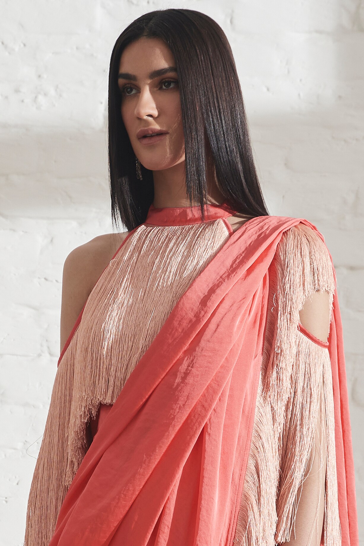 Blush Pink Pre-Pleated Saree with halter fringe top by 431-88 By Shweta ...