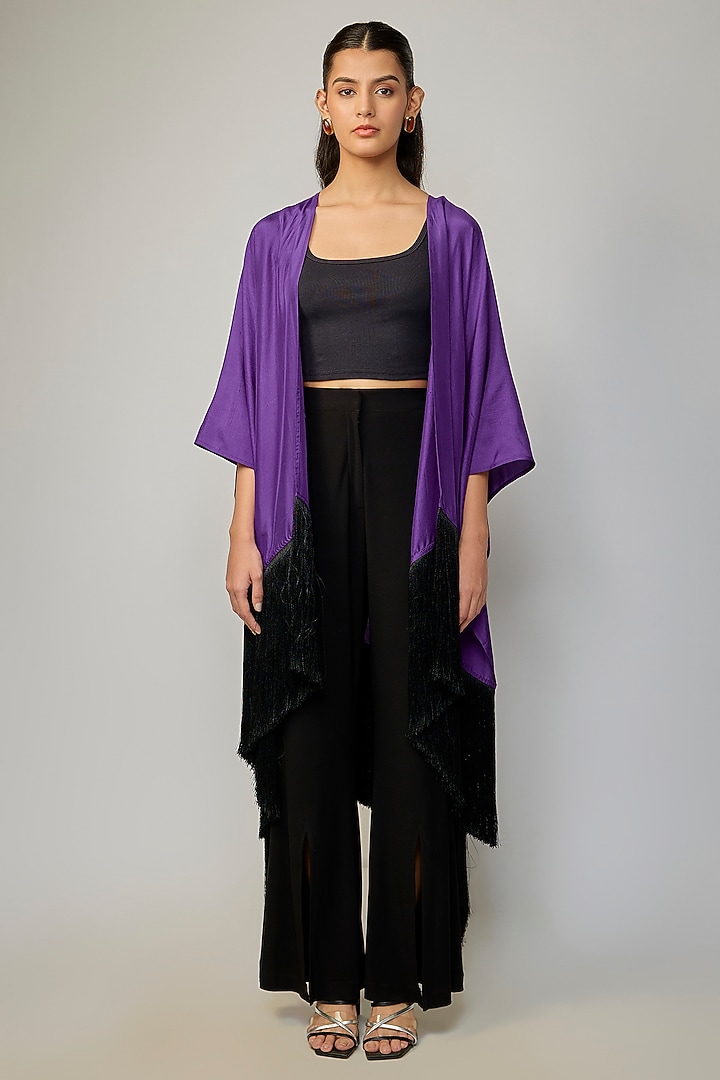 Purple & Black Silk Fringe Cape by 431-88 By Shweta Kapur at Pernia's ...