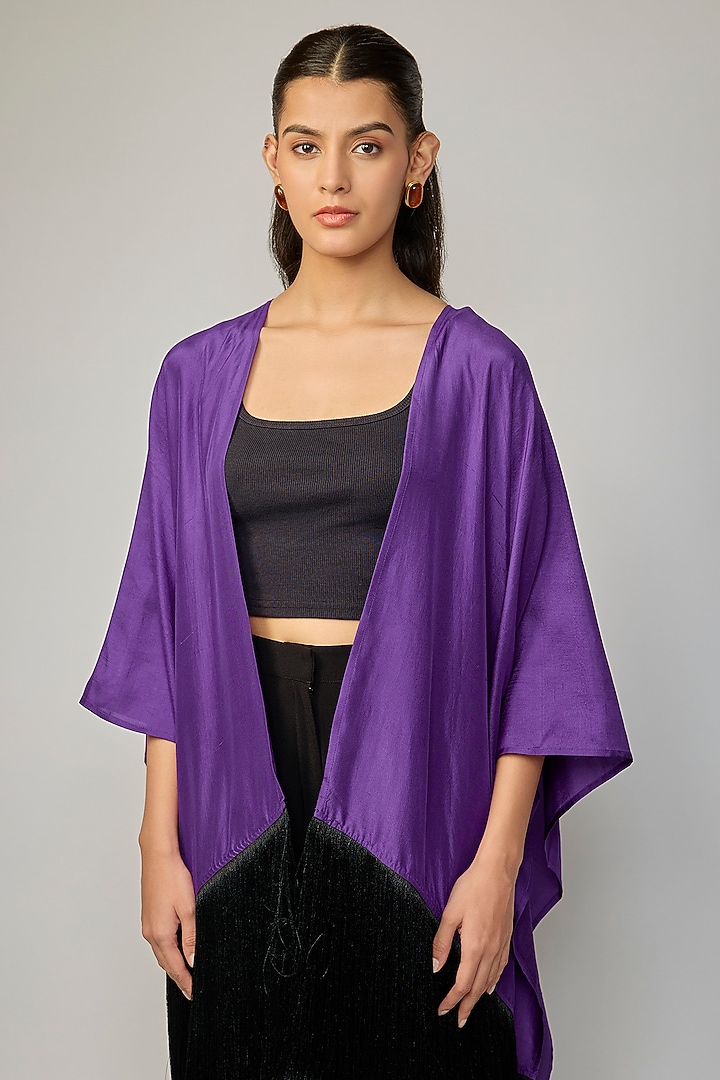 Purple & Black Silk Fringe Cape by 431-88 By Shweta Kapur at Pernia's ...