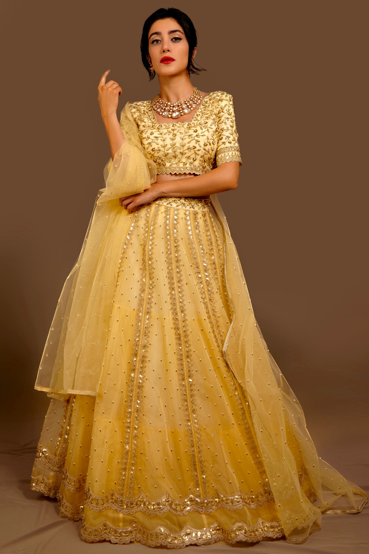 Light Yellow Organza & Net Embroidered Wedding Lehenga Set by Shloka ...