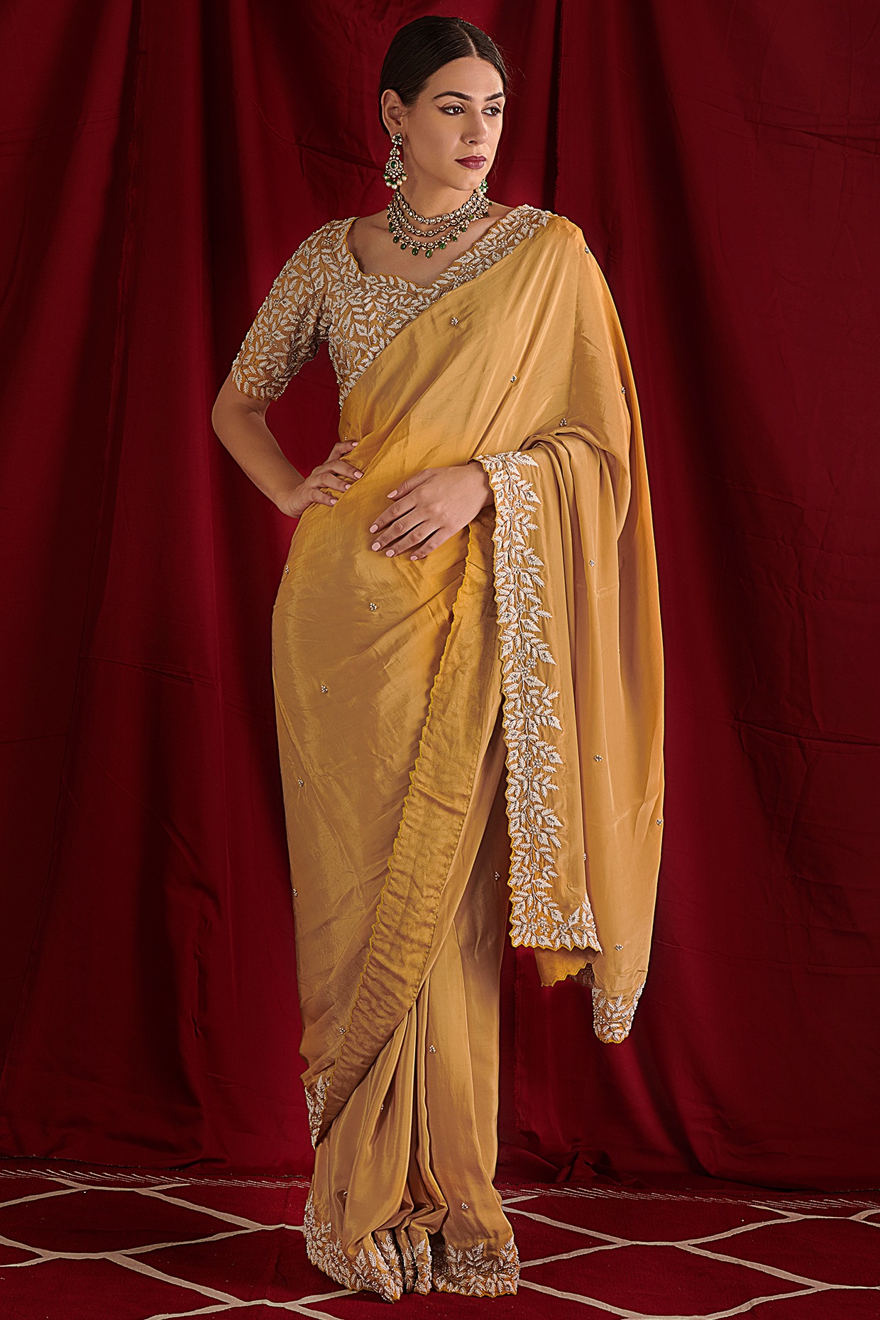 Mustard Crepe & Chinon Pearls & Thread Hand Embroidered Saree Set by ...