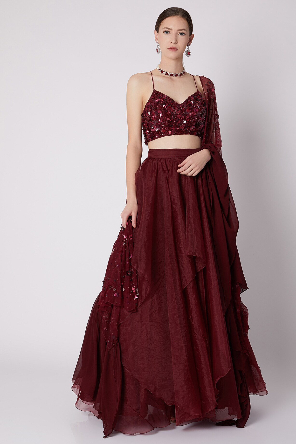 Maroon Hand Embroidered Halter Neck Lehenga Set by SHLOKA KHIALANI at ...