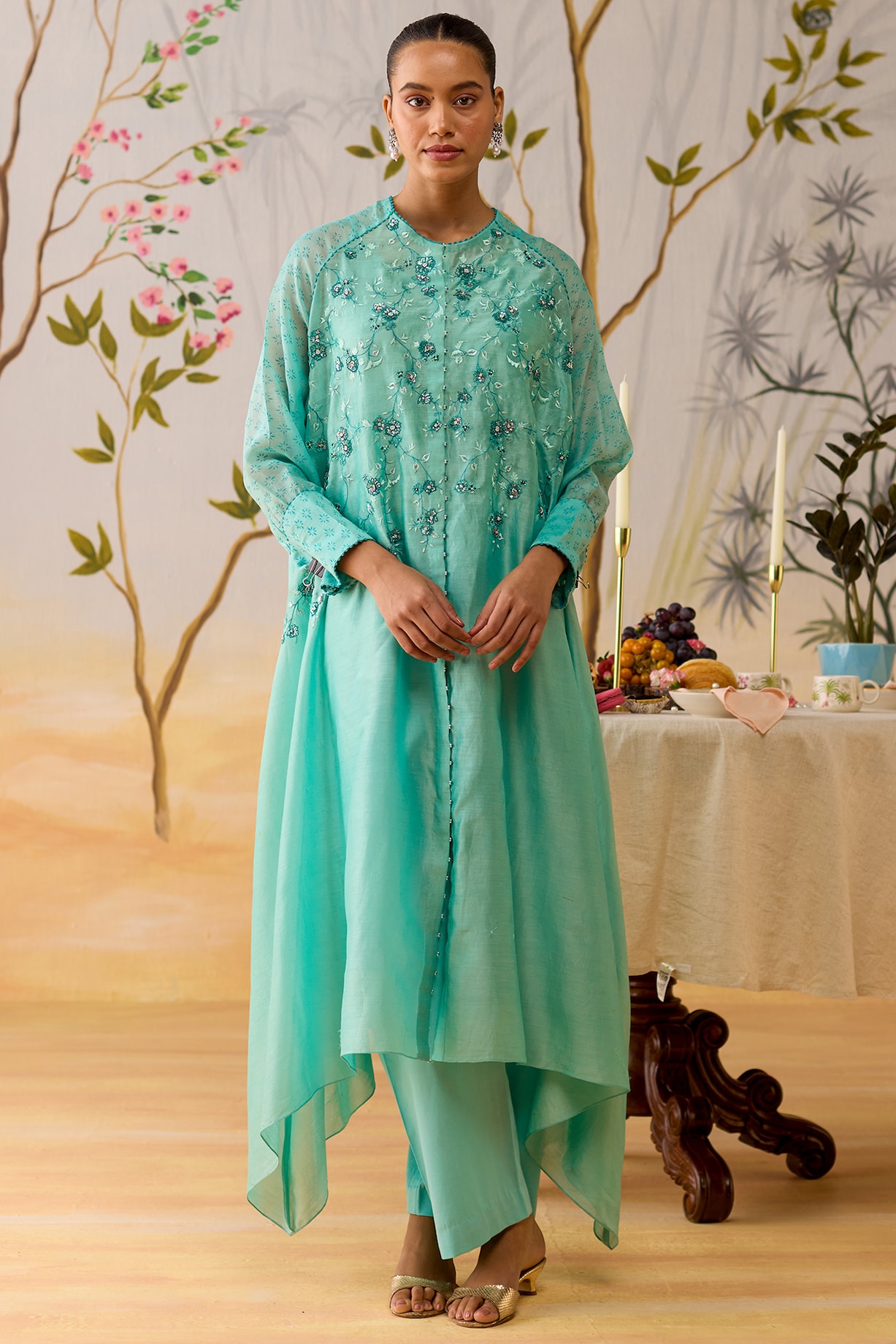 Aqua Blue Mul Chanderi Thread Hand Embroidered Tunic Set by Shikha ...