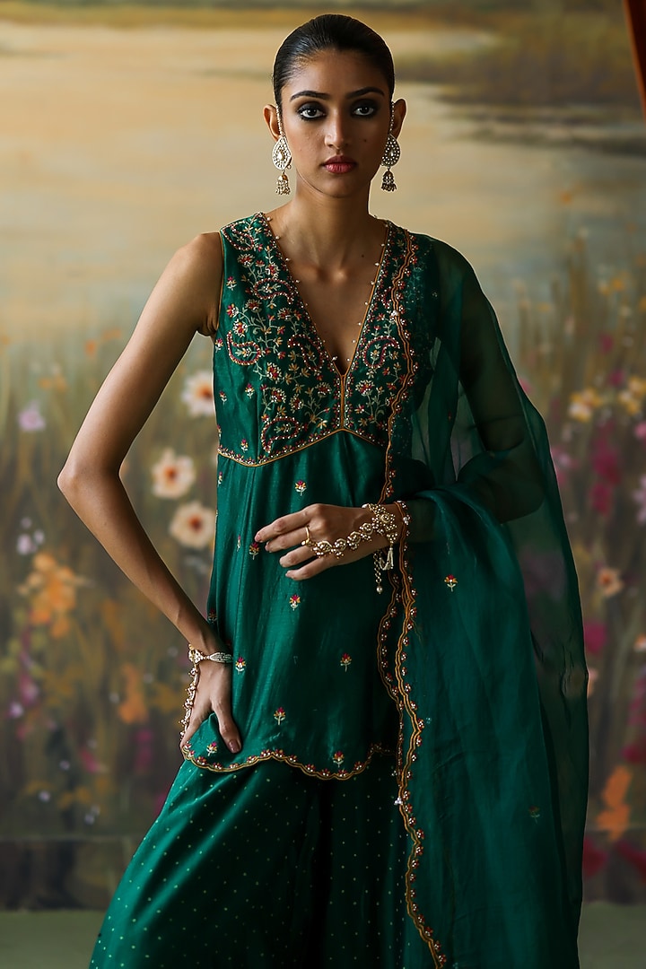Emerald Green Silk Chanderi Sharara Set by Shikha Mehta at Pernia's Pop ...