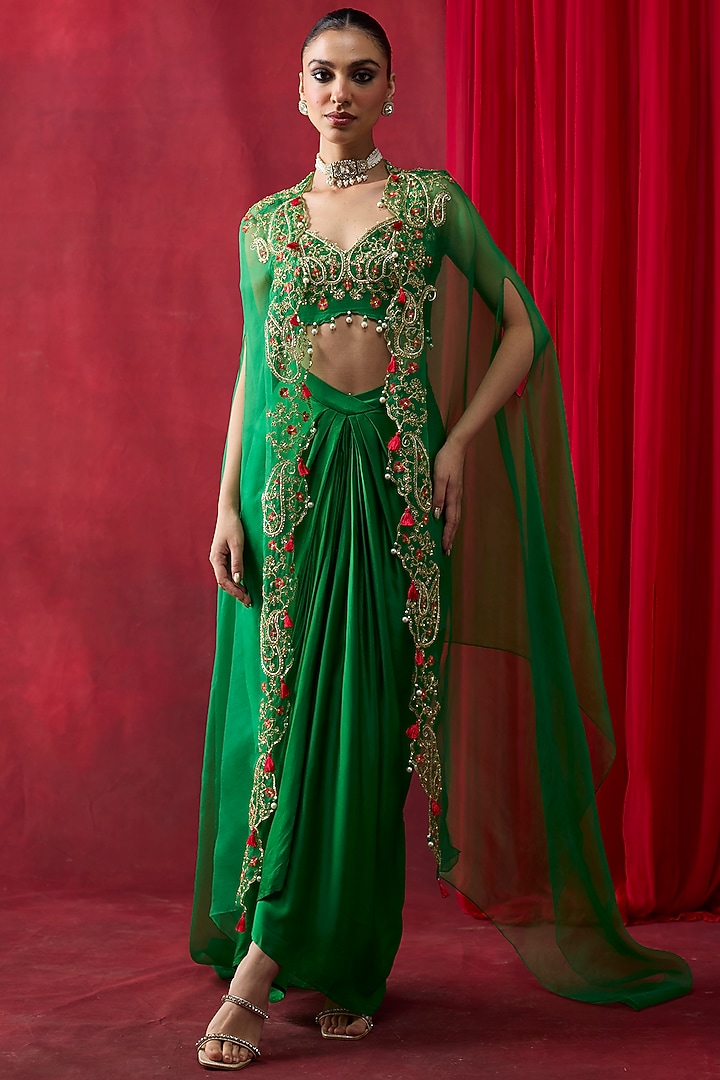 Green Silk Satin Draped Skirt Set by Shikha Mehta at Pernia's Pop Up ...