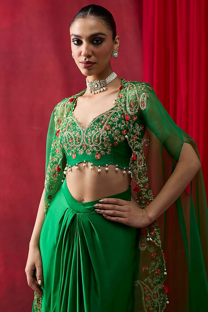 Green Silk Satin Draped Skirt Set by Shikha Mehta at Pernia's Pop Up ...