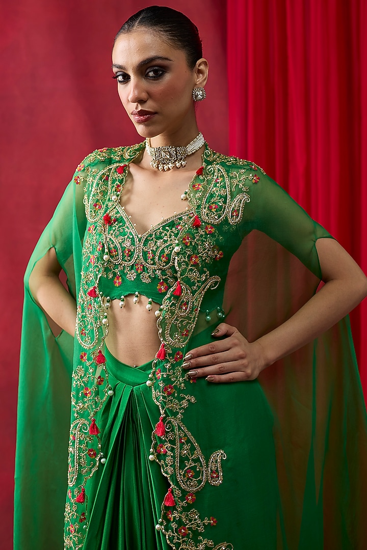 Green Silk Satin Draped Skirt Set by Shikha Mehta at Pernia's Pop Up ...