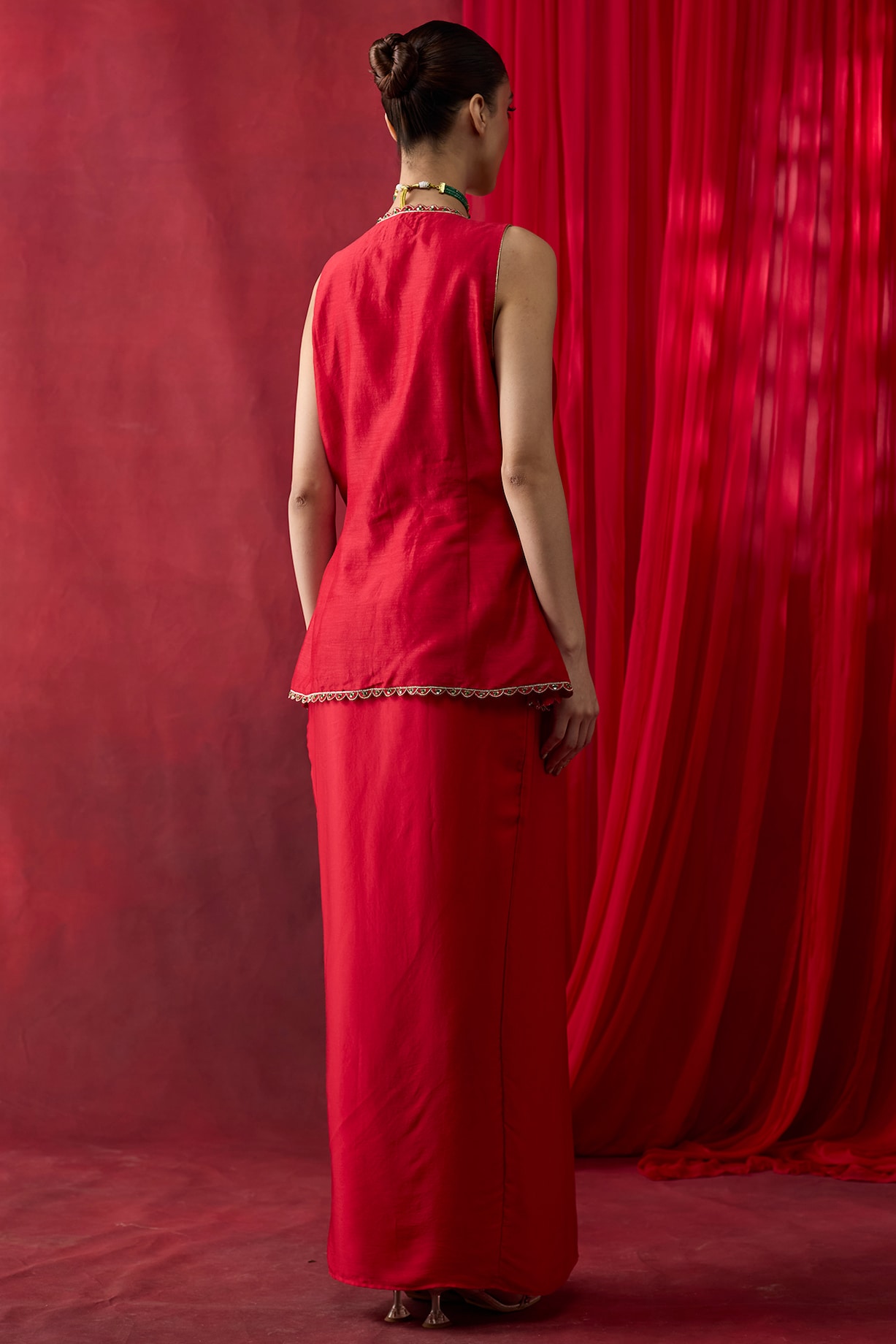 Red Silk Satin Draped Skirt Set by Shikha Mehta at Pernia's Pop Up Shop ...