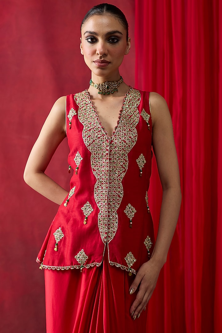 Red Silk Satin Draped Skirt Set by Shikha Mehta at Pernia's Pop Up Shop ...