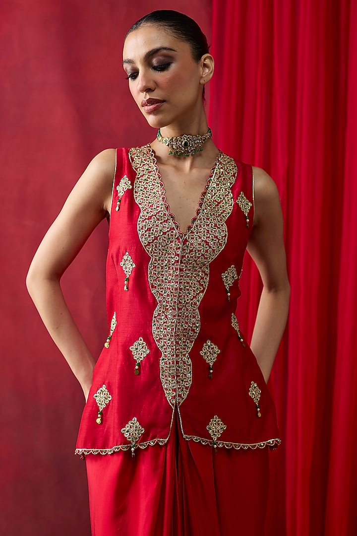 Red Silk Satin Draped Skirt Set by Shikha Mehta at Pernia's Pop Up Shop ...
