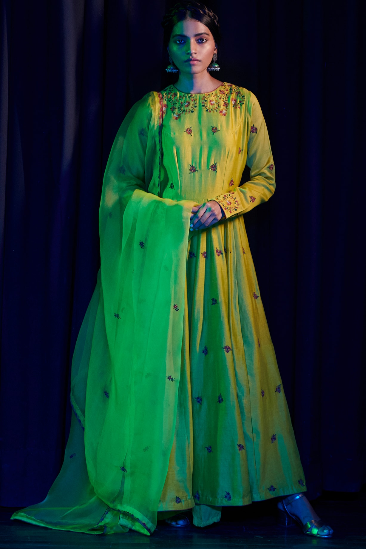 Lime Yellow Thread Embroidered Anarkali Set by Shikha Mehta at Pernia's ...