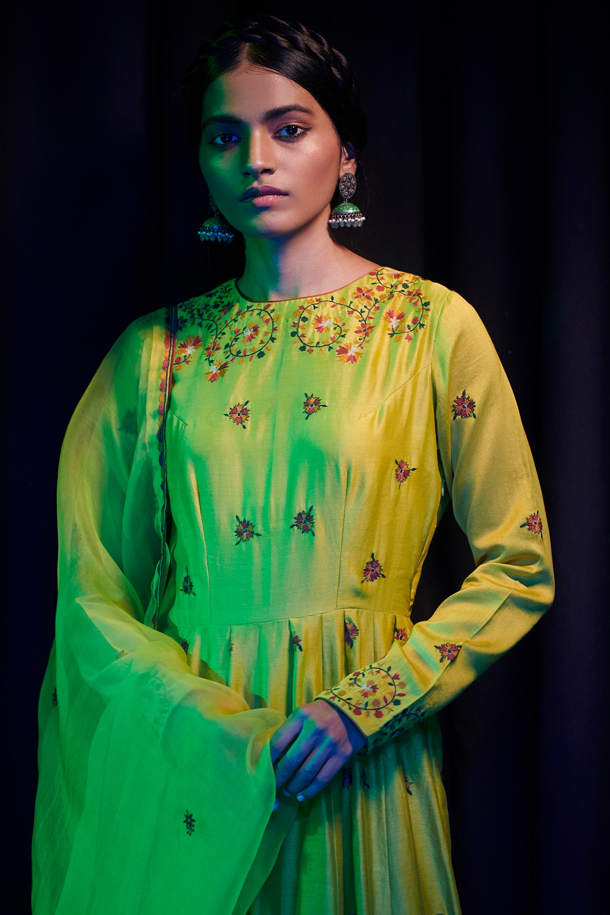 Lime Yellow Thread Embroidered Anarkali Set by Shikha Mehta at Pernia's ...