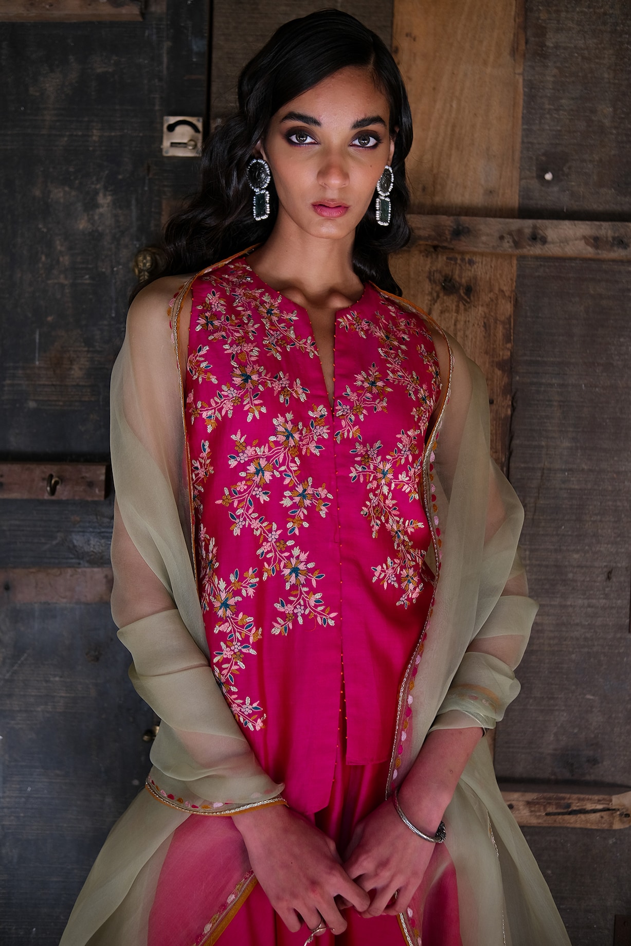 Fuschia Embroidered Jacket Set by Shikha Mehta at Pernia's Pop Up Shop 2024