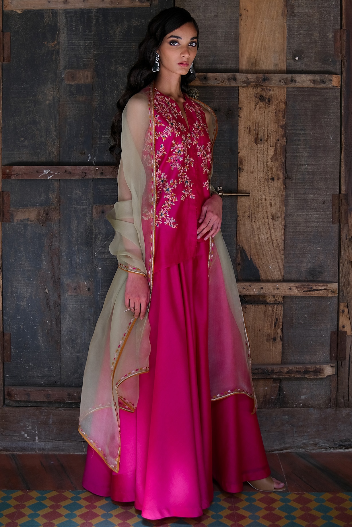Fuschia Embroidered Jacket Set by Shikha Mehta at Pernia's Pop Up Shop 2024
