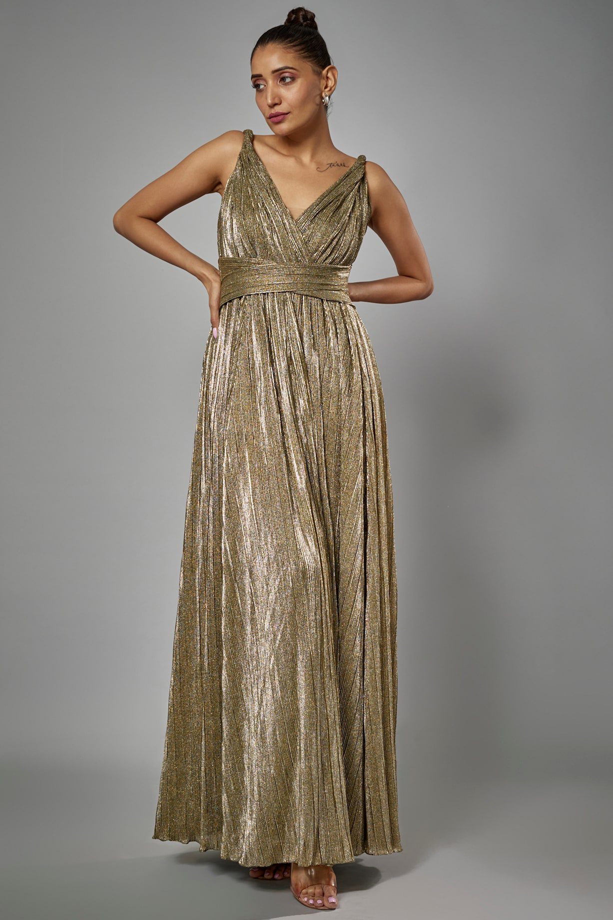 Green Micro Pleated Lame Shimmer Gown by Sharnita Nandwana at Pernia's ...