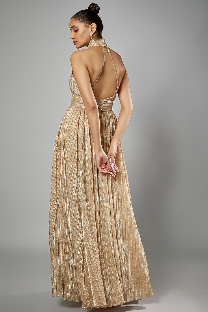Gold Micro Pleated Lame Shimmer Gown by Sharnita Nandwana at Pernia's ...