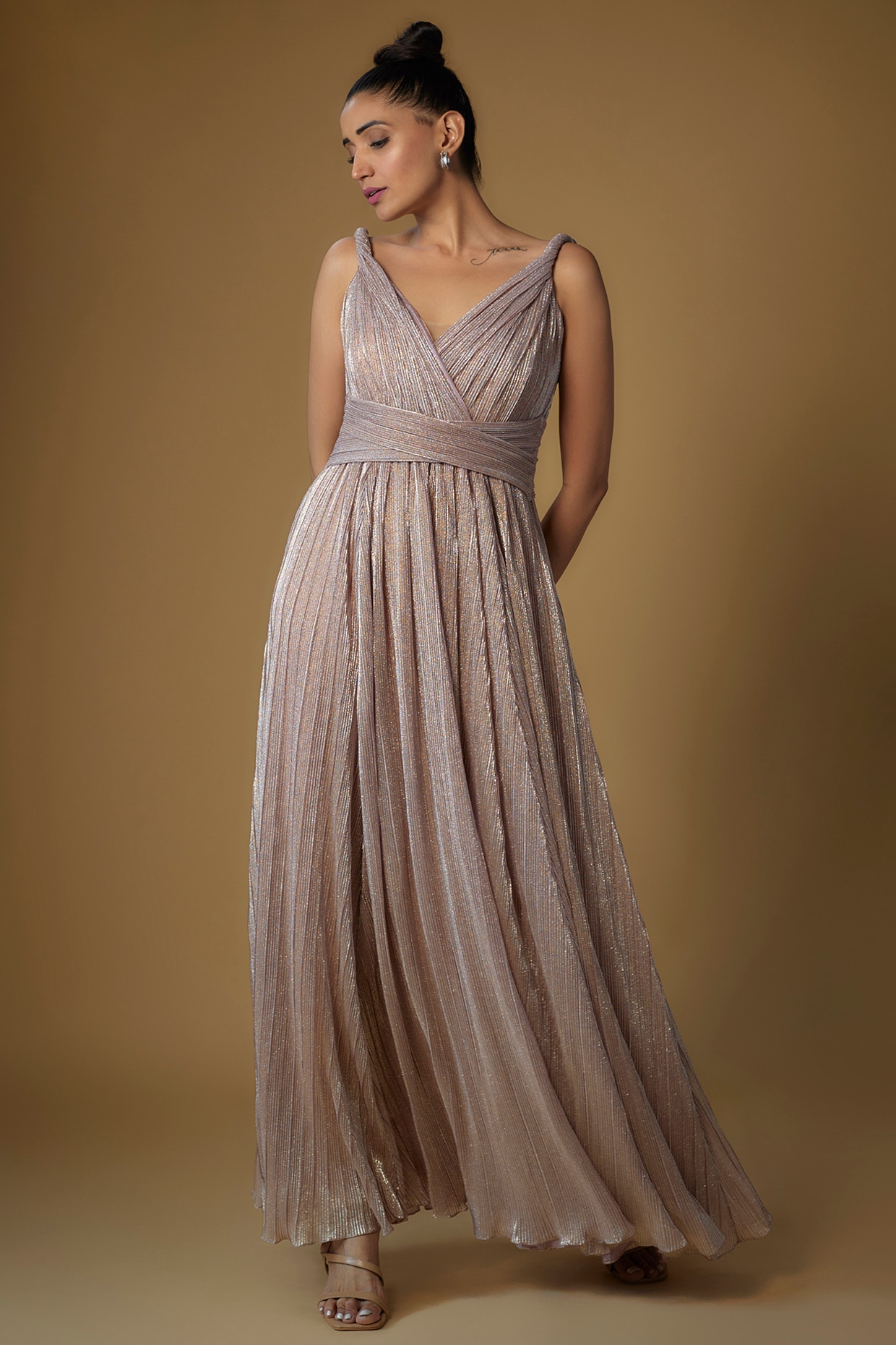 Pink Micro-Pleated Shimmer Gown by Sharnita Nandwana at Pernia's Pop Up ...