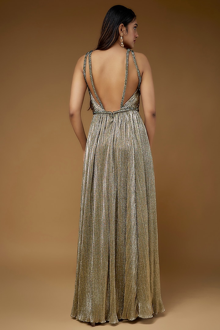 Green Micro Pleated Lame Embroidered Gown by Sharnita Nandwana at ...