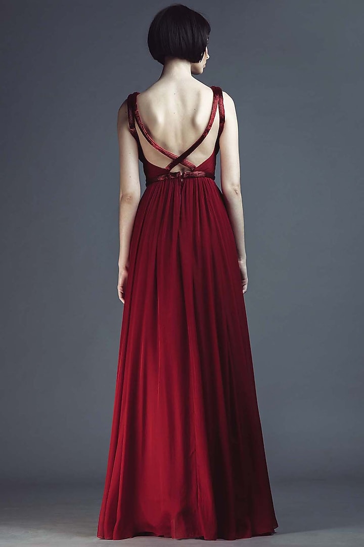 Maroon Silk & Chiffon Gown by Sharnita Nandwana at Pernia's Pop Up Shop ...