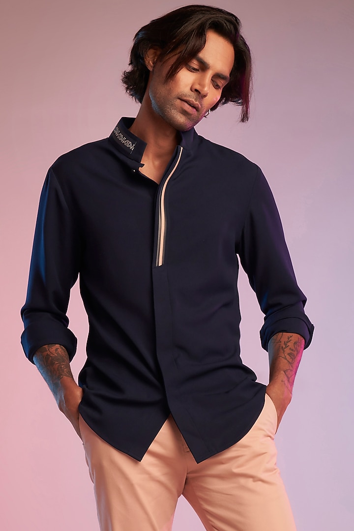 Navy Blue Terylene & Viscose Shirt by S&N by Shantnu Nikhil Men at ...