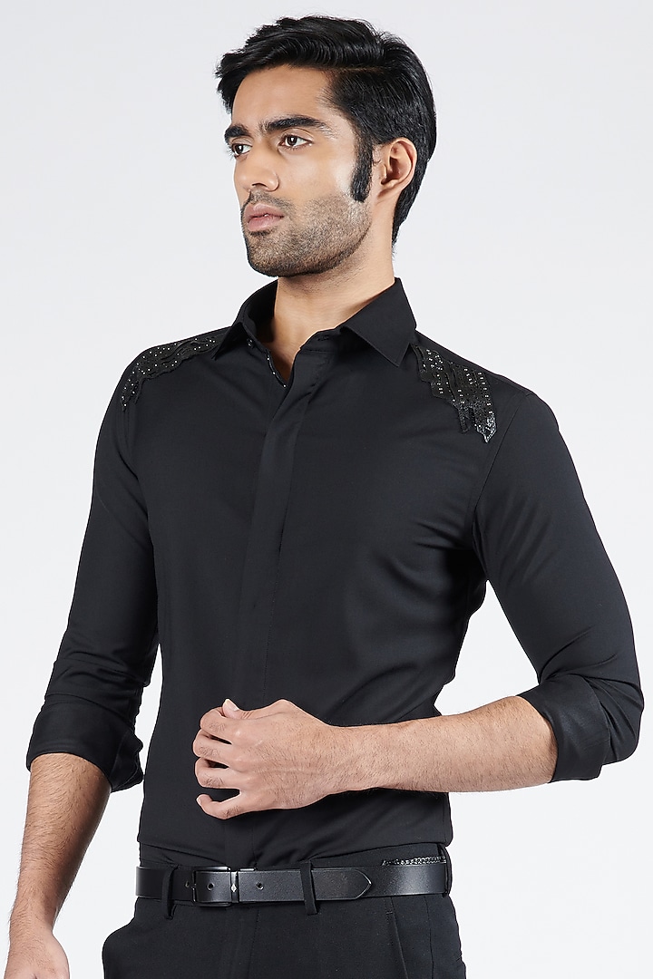 Black Suiting Terylene Shirt Design by S&N by Shantnu Nikhil Men at ...
