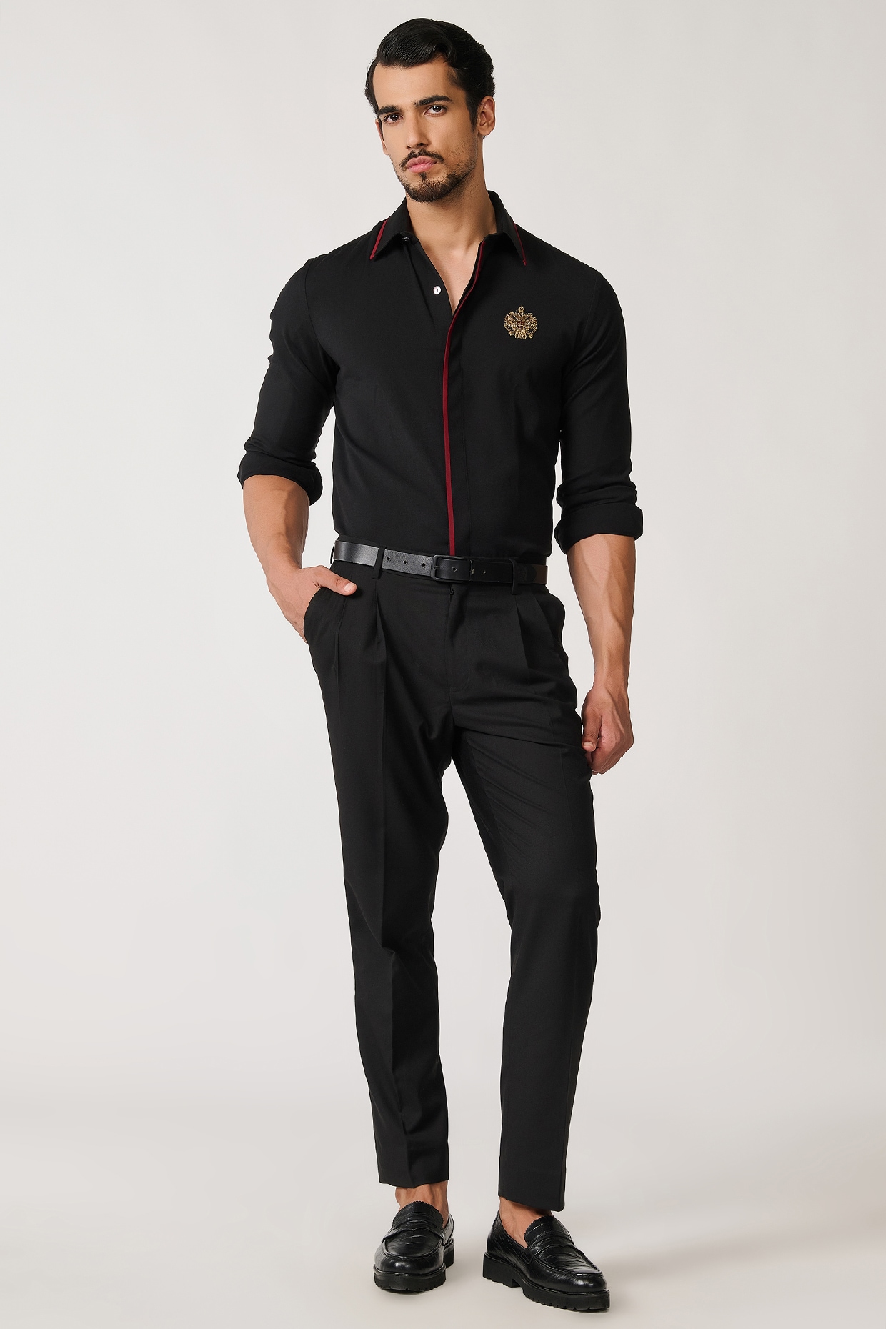 Black Terylene & Viscose Lycra Concealed Placket Shirt by S&N by ...