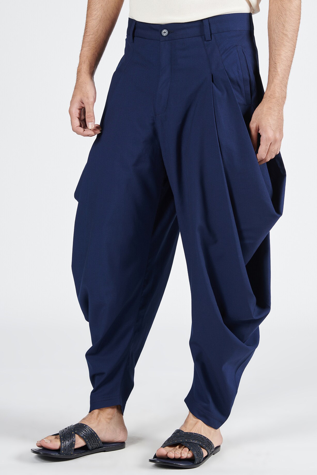 Navy Blue Terylene & Viscose Cowl Pants by S&N by Shantnu Nikhil Men at ...