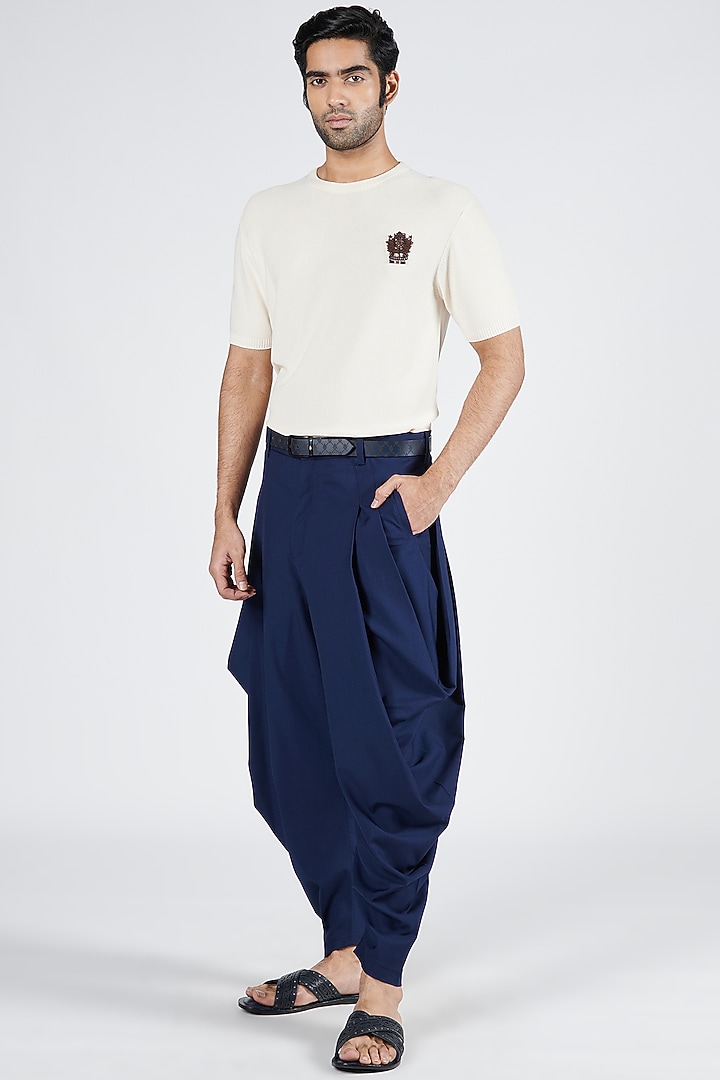 Navy Blue Terylene & Viscose Cowl Pants by S&N by Shantnu Nikhil Men at ...