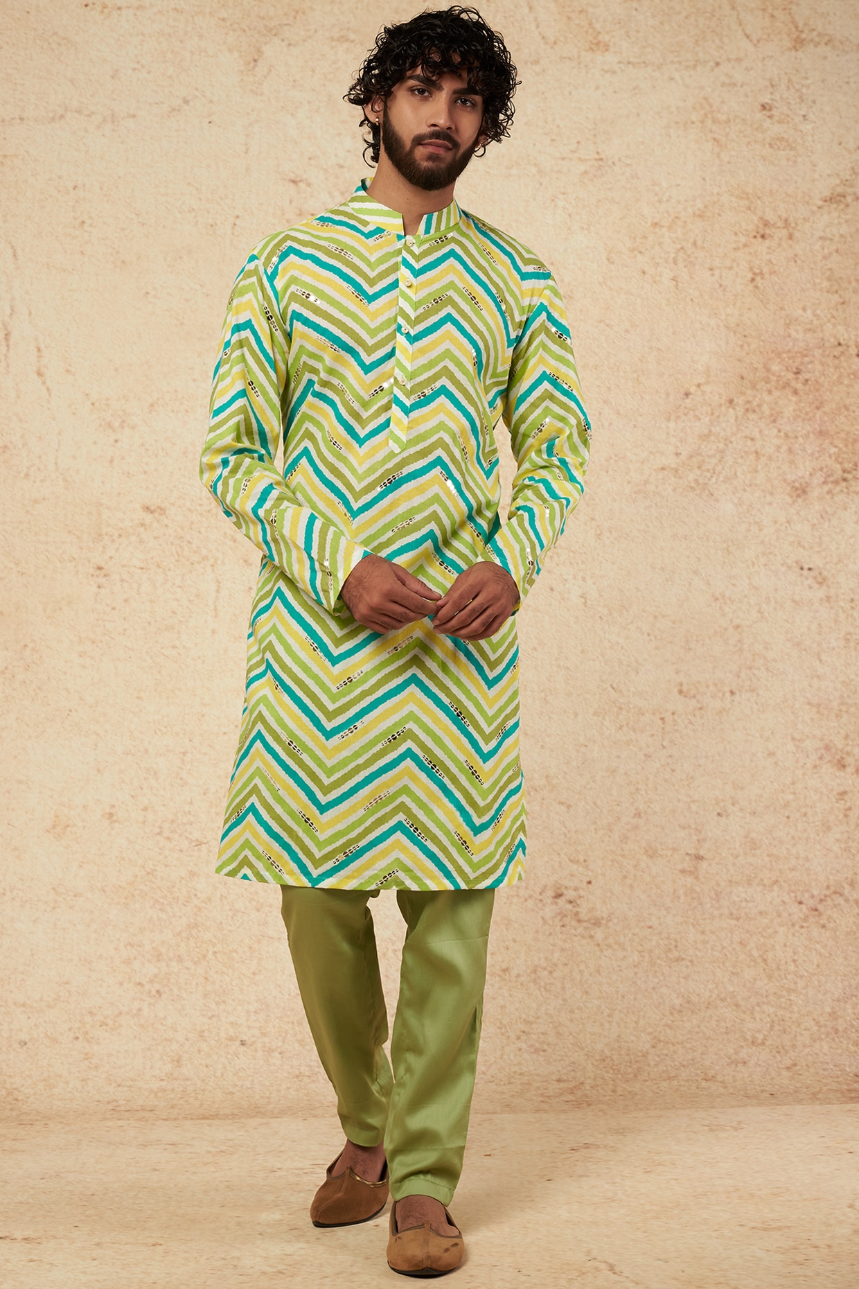 Olive Green Block Printed & Embroidered Kurta Set by sharad raghav men ...