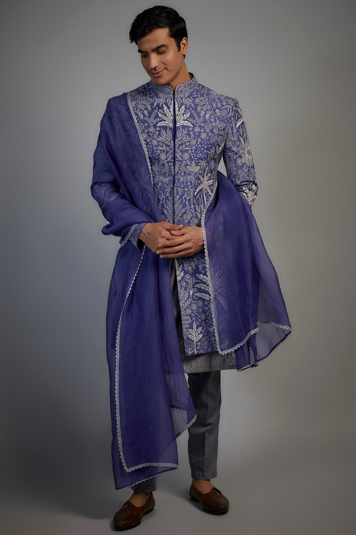 Royal Blue Silk Zari & Resham Embroidered Indowestern Set by Sharad ...