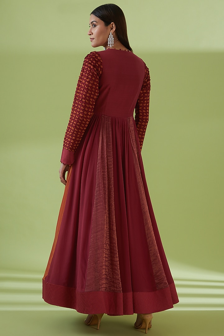 Deep Red Crepe Silk & Chiffon Silk Embroidered Anarkali Set by SHREEKA ...