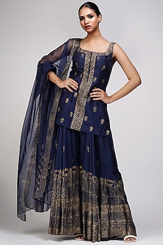 Navy Blue Modal Satin Printed Sharara Set by Shruti S at Pernia's Pop ...