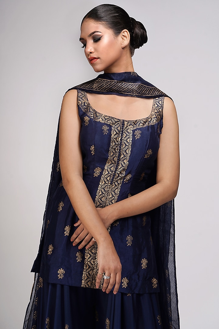 Navy Blue Modal Satin Printed Sharara Set by Shruti S at Pernia's Pop ...