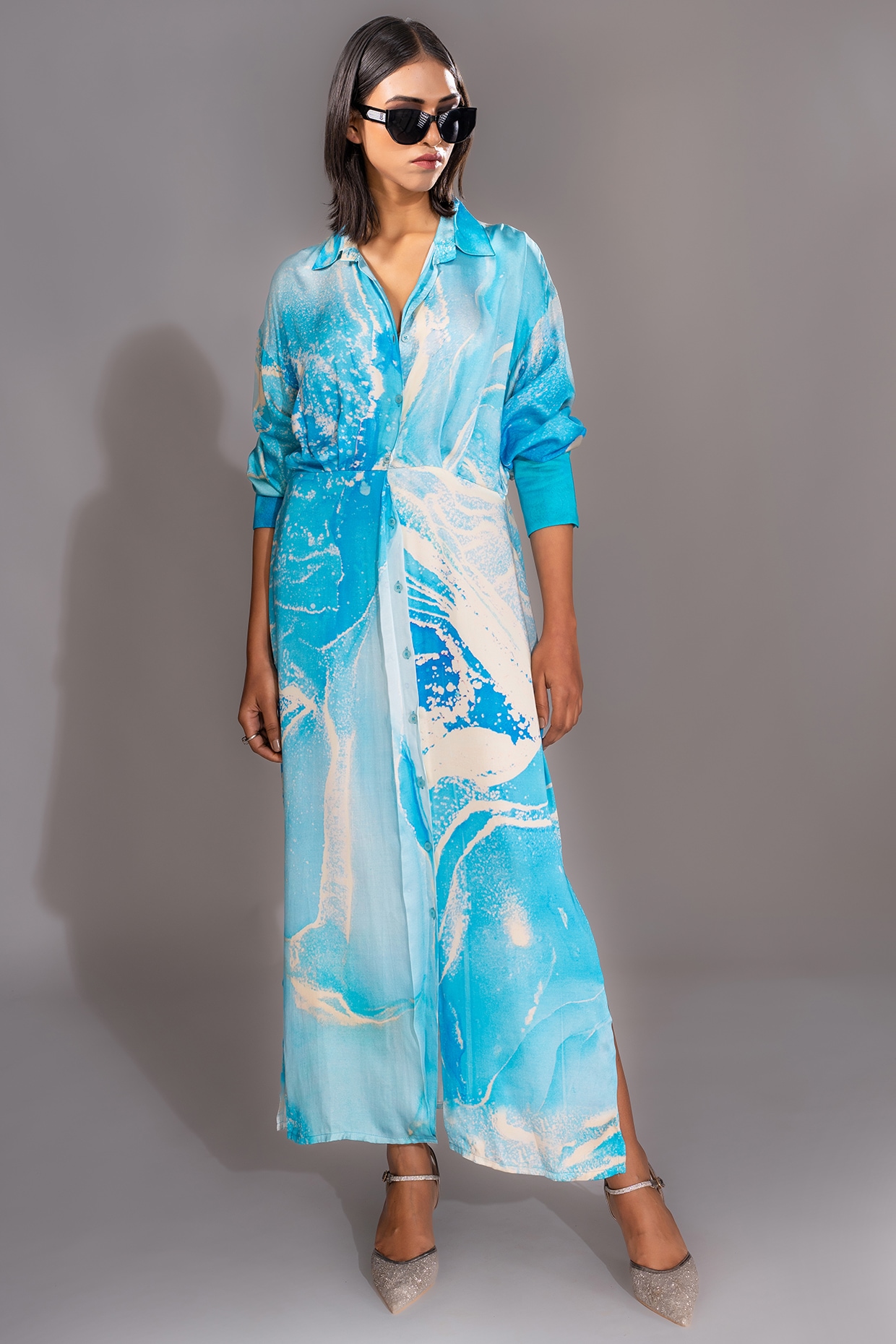 Cerulean-Blue Natural Yarn Satin Marble Printed Maxi Shirt Dress by ...