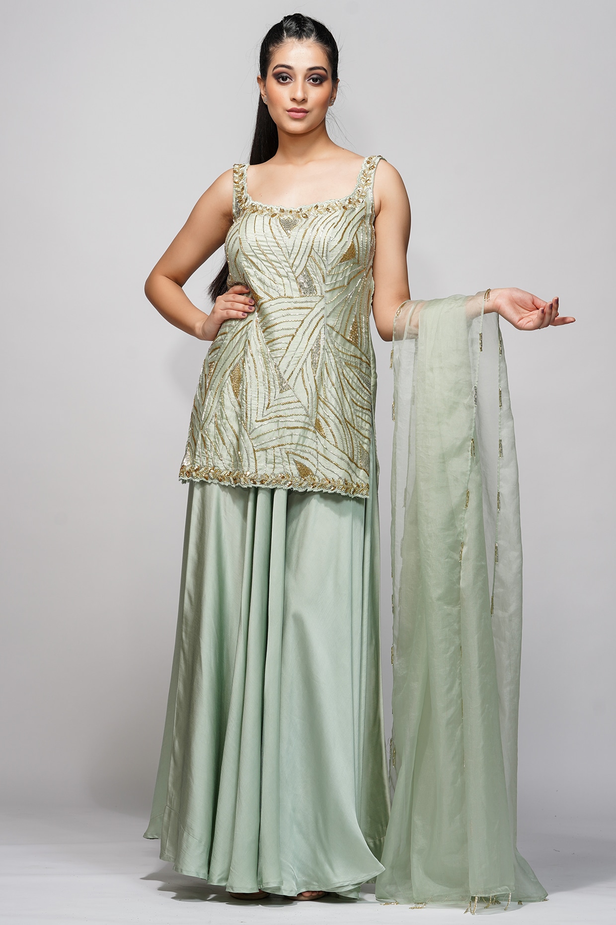 Mint Modal Satin Sharara Set by Shruti S at Pernia's Pop Up Shop 2025
